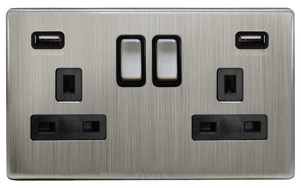 Gloss Brush Chrome USB Double Wall Plug Socket 2 Gang 13A with 2 USB ...