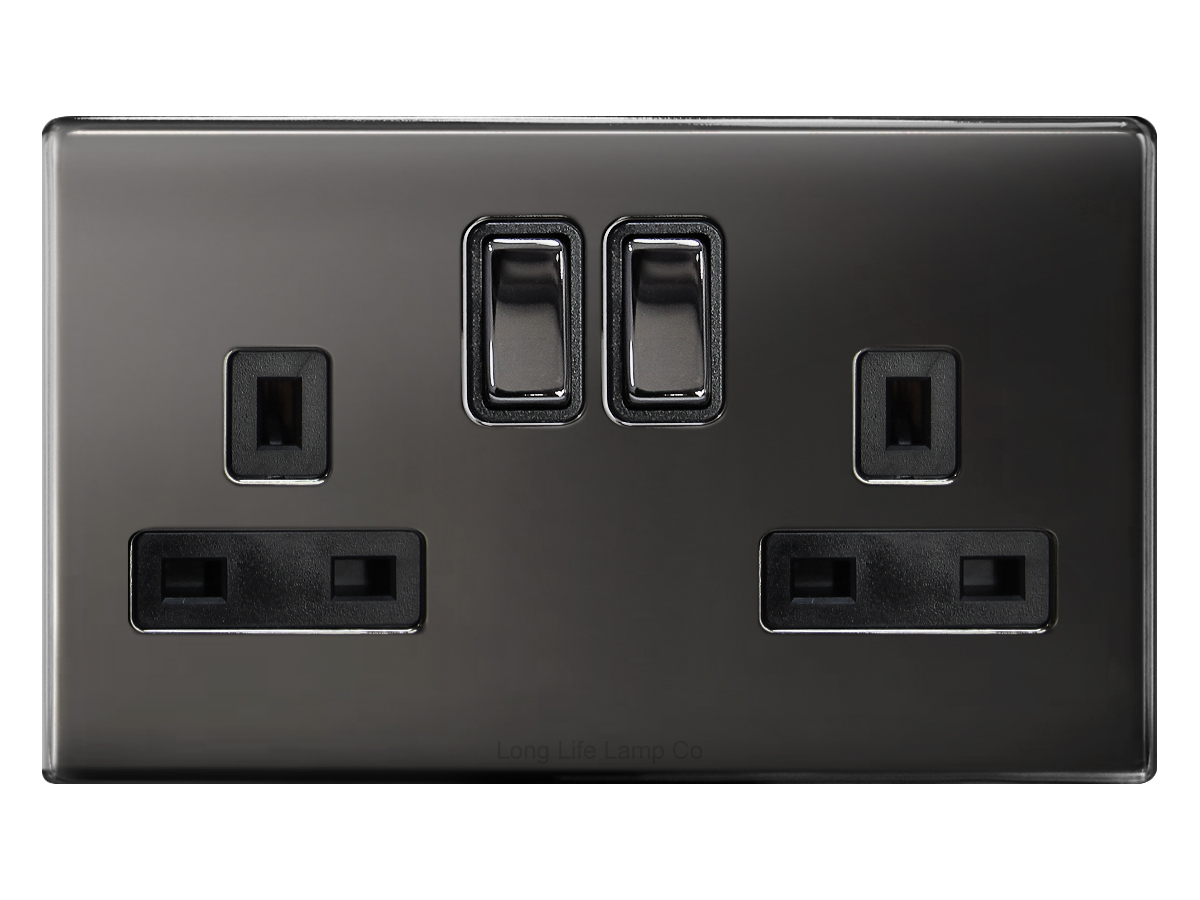 Double Wall Socket Switched Black Nickel 2 Gang Screwless 13a Double ...