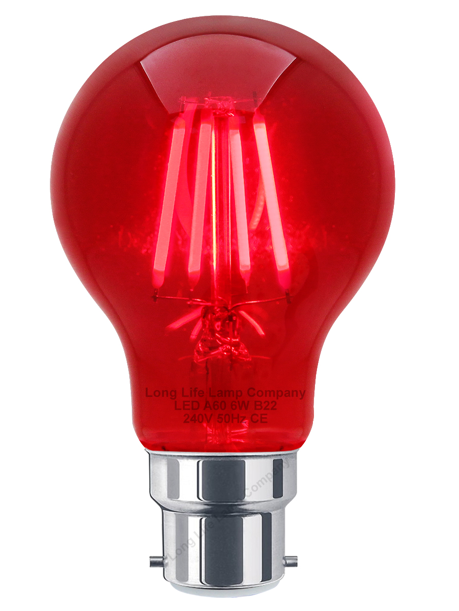 6W LED RED Light Bulb B22 Screw Cap Glass A60