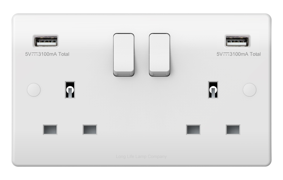 USB Double Wall Plug Socket 2 Gang 13A with 2 USB Charger Port Outlets ...