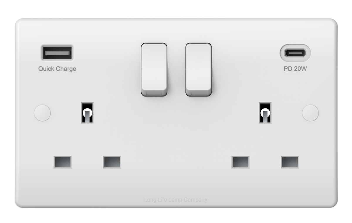 2 Gang 13amp Double Switched Socket USB C PD20W and A Quick Charge UK ...