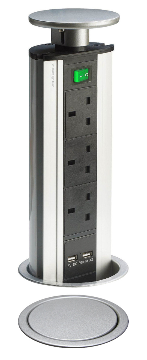 Silver Top Power Tower Pop Up Socket With 2 USB Charging Port 3 Plug ...