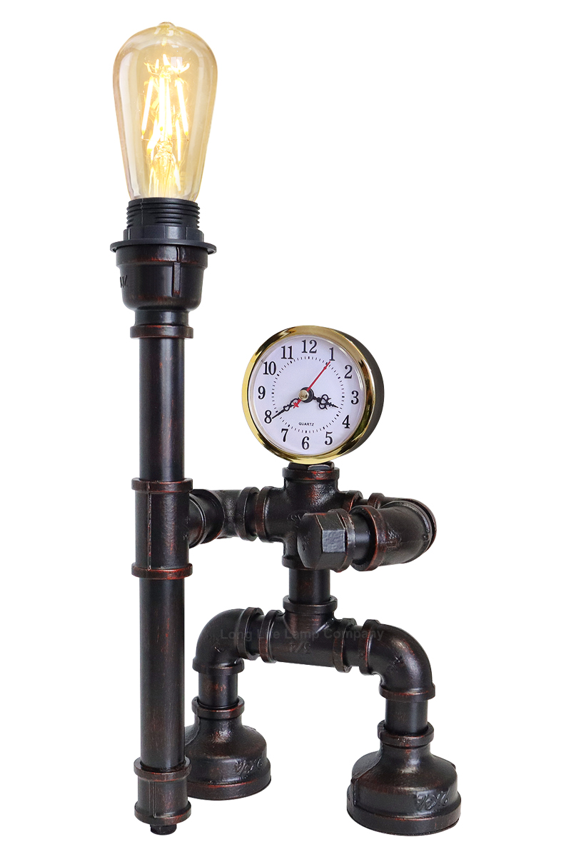 Vintage Industrial Water Pipe Table Lamp Gauge Clock H3104P with 4w ST58