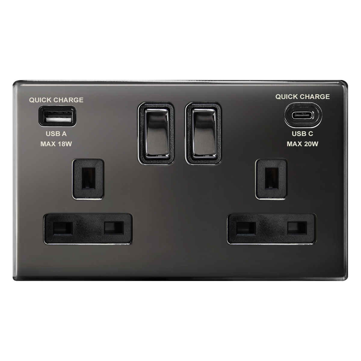 USB Double Socket With 2 USB Charger Port Black Nickel Plate Quick ...